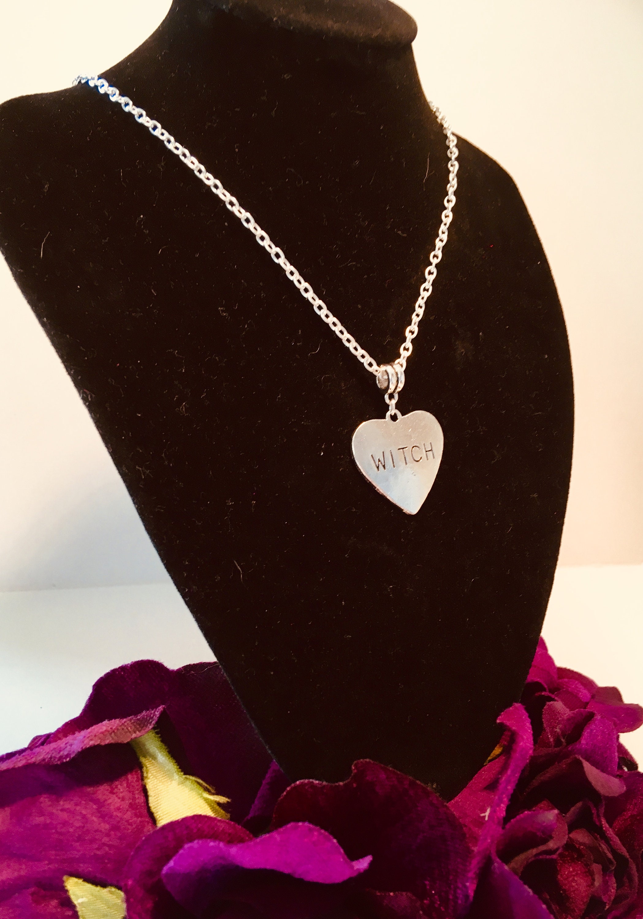 Witch Heart Necklace Witches Pendant Witch Engraved - Etsy
