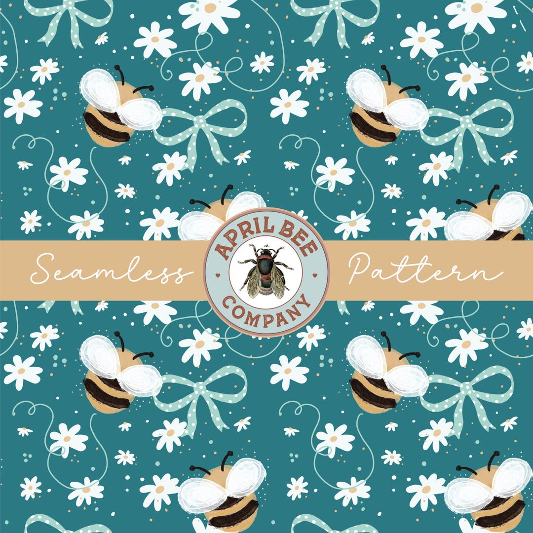 Cute Busy Bumble Bee Seamless Pattern, Teal Coquette Bows Bees and ...