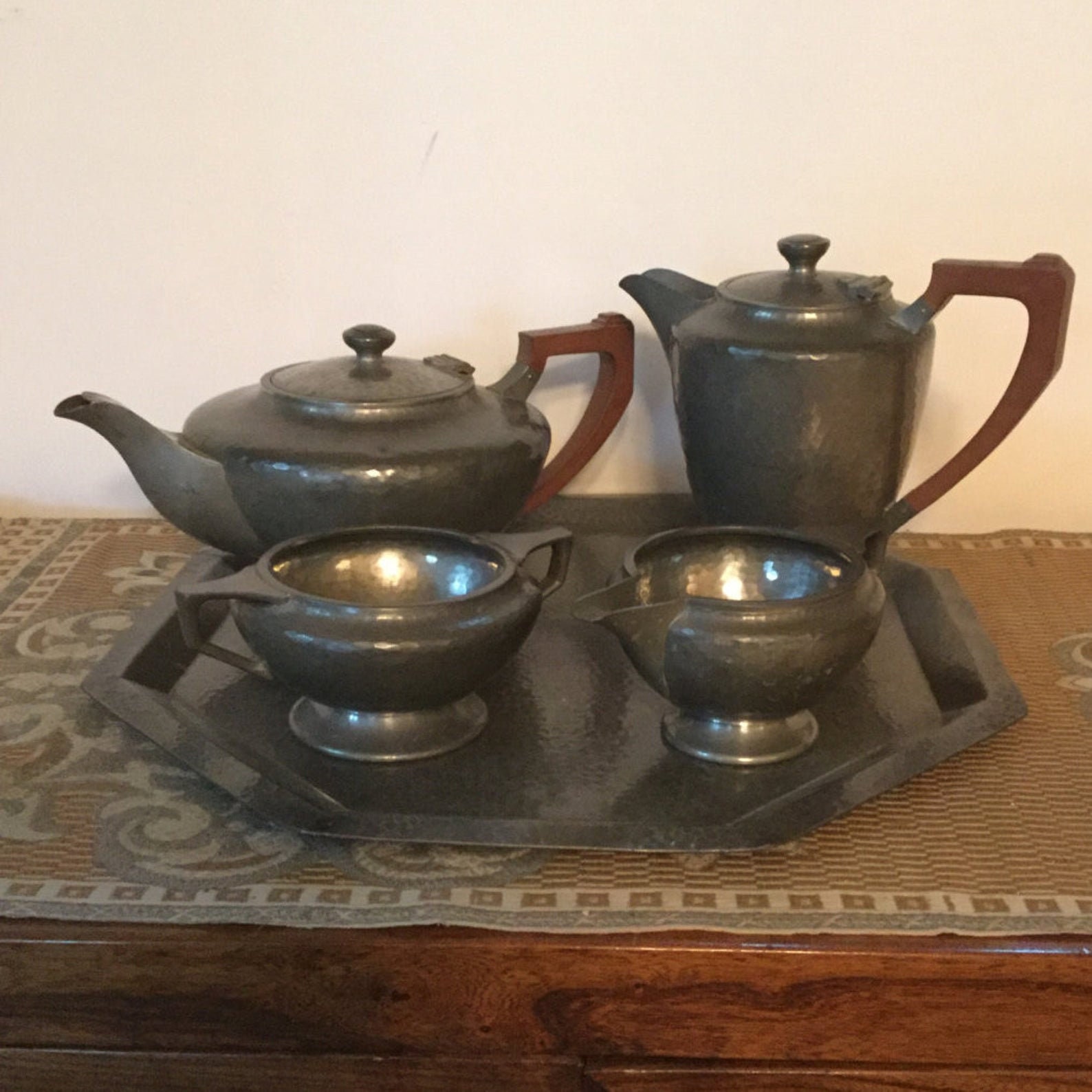 Vintage 4 NEW VIEW Pewter Miniature Teapot Pitcher Cup & Saucer Card ...