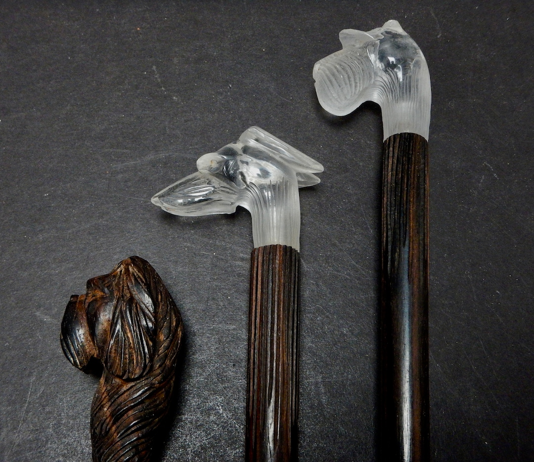 1930s French Parasol Handles - All Hand Carved Wood/ Wood & Lucite Dogs ...