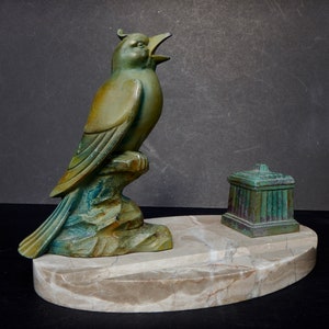 Art Deco SET - Woodpecker Bookends & Crested Finch Inkwell Desk Tidy ...