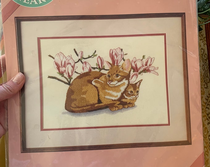 Vintage From the Heart magnolia Cats Crewel Needlework Kit 1988 DIY ...