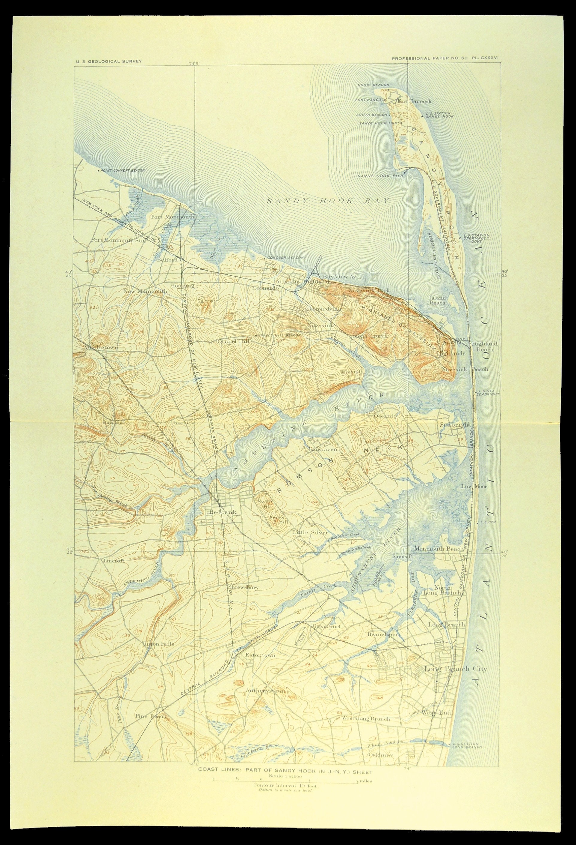 Sandy Hook Map of Long Branch City New Jersey Topographic Map - Etsy