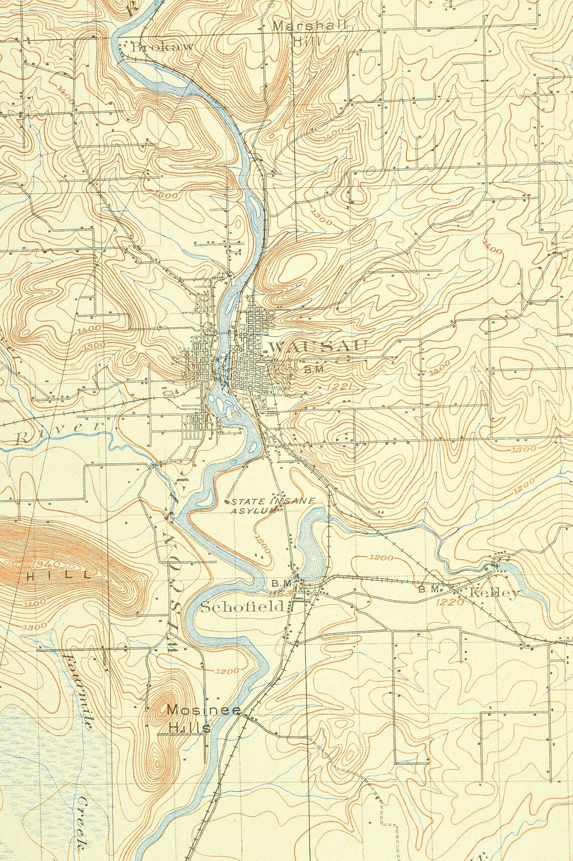 Wausau Map of Wausau Wisconsin Topographic Print Antique | Etsy
