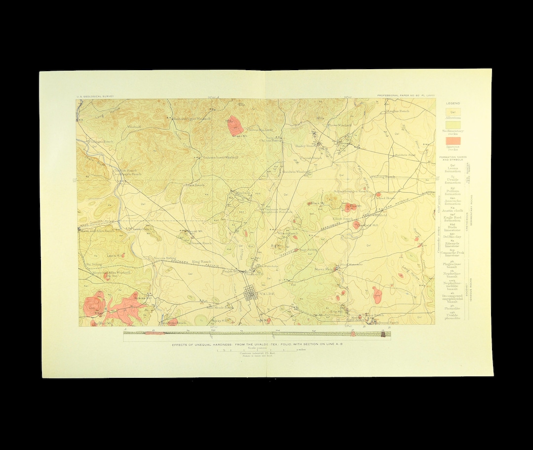 Vintage Uvalde Map of Hill Country Texas Ranches Big Green Mountain ...