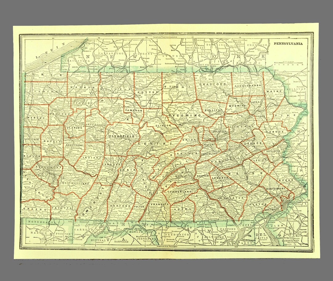Antique PENNSYLVANIA State Map 13 X 10 Ready to Frame ORIGINAL Old ...