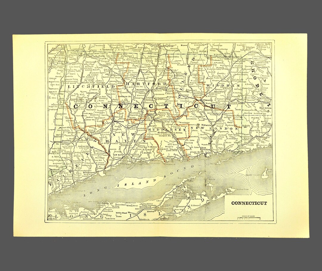 Antique CONNECTICUT State Map Lithograph Old Birthday Gift New - Etsy