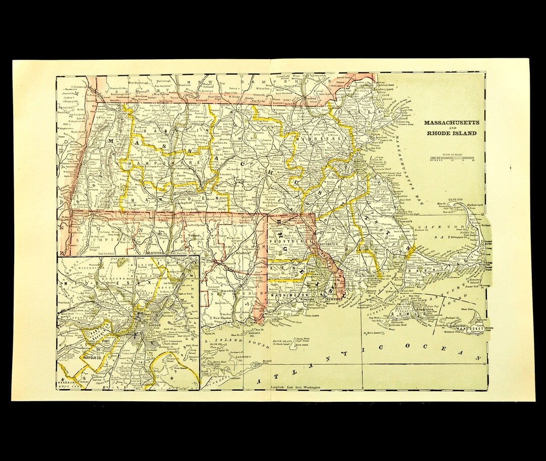 Antique MASSACHUSETTS State Map Frameable 10 X 13 Housewarming - Etsy