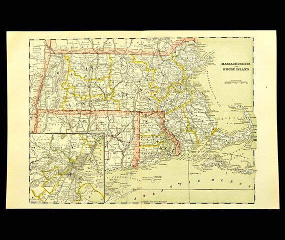 Antique MASSACHUSETTS State Map Frameable 10 X 13 Housewarming - Etsy