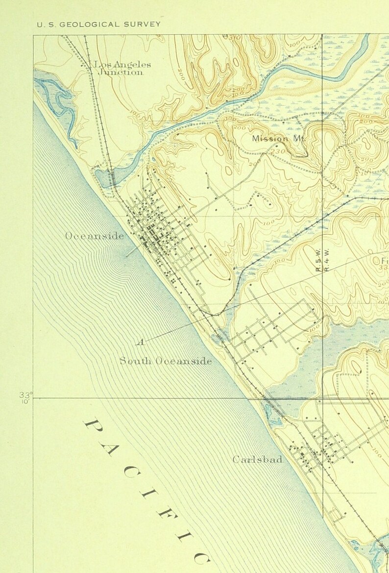 Oceanside Map of Carlsbad California Topographic Print Antique - Etsy