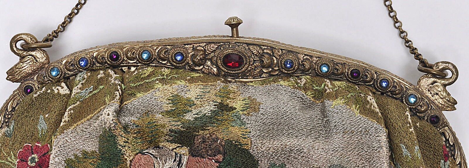 Antique Figural Embroidered Purse, Jeweled Frame, Silkstitched Purse ...