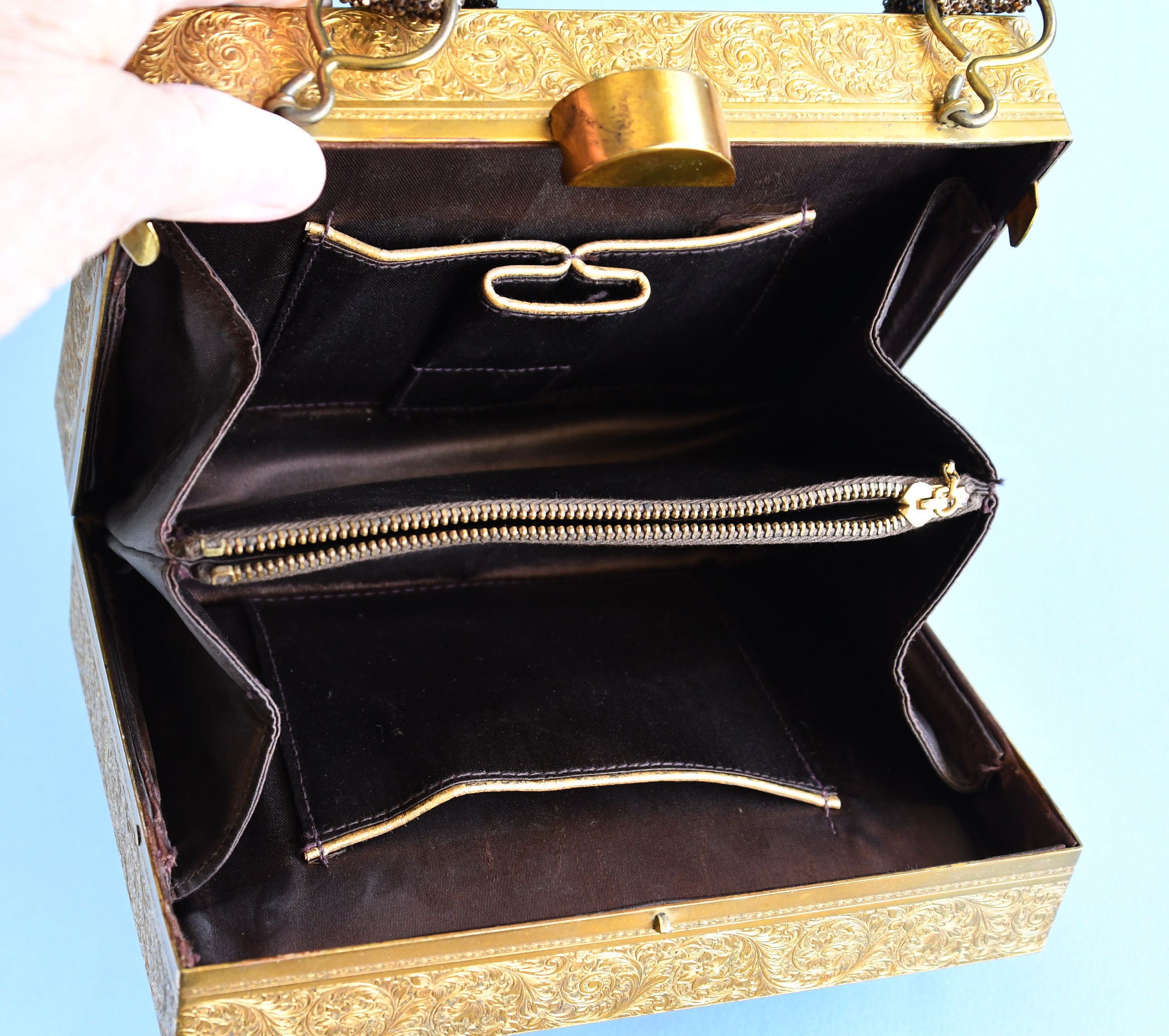 Vintage Beaded and Metal Box Purse, Coppery Brown Carnival Beads on a ...