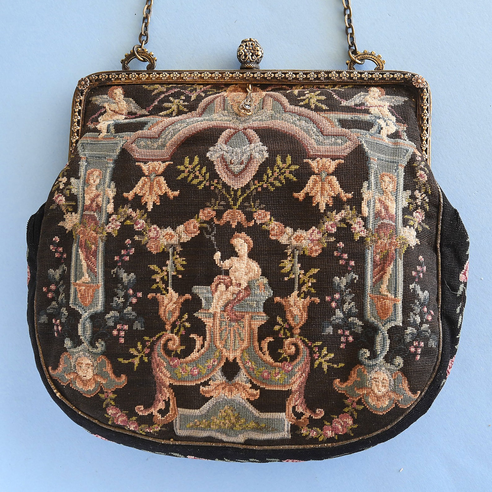 Vintage FIGURAL MICRO Petite Point Purse, Angels and Cherubs, Gold ...