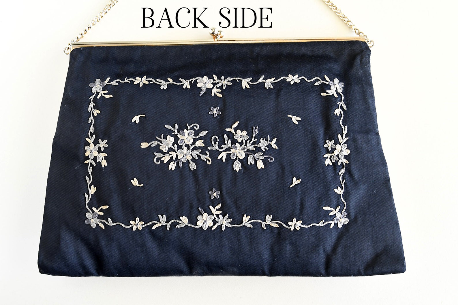 Large Vintage WALBORG Satin Purse, TAMBOUR EMBROIDERY on Black Silk ...