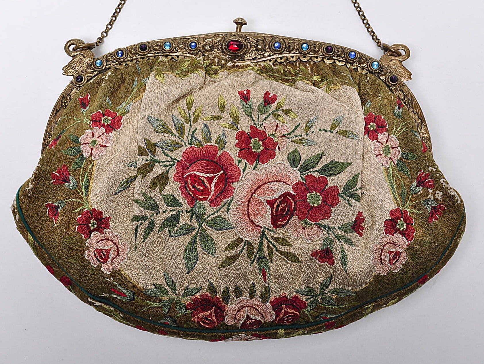 Antique Figural Embroidered Purse, Jeweled Frame, Silkstitched Purse ...
