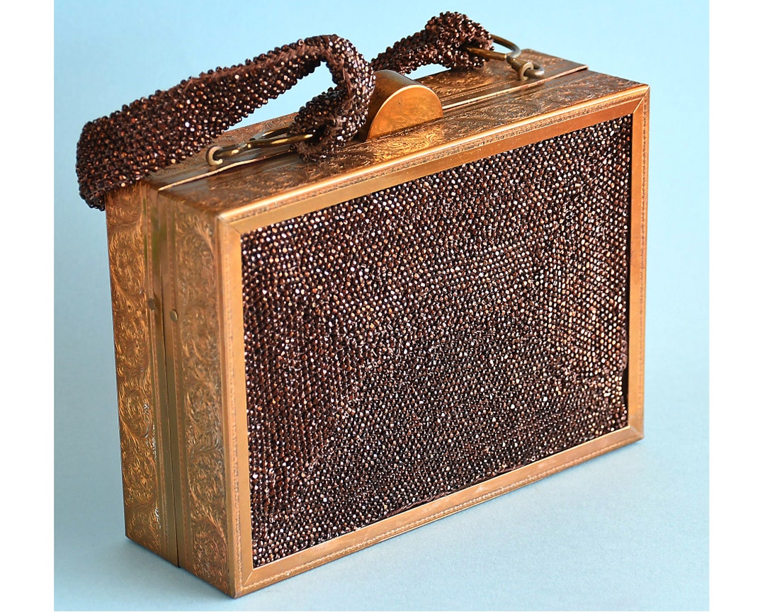 Vintage Beaded and Metal Box Purse, Coppery Brown Carnival Beads on a ...