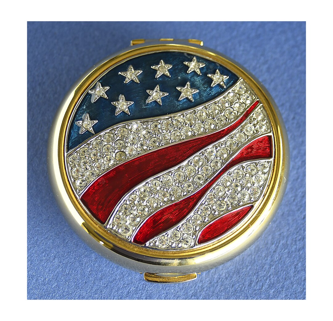 AMERICAN FLAG Compact, Estee Lauder Gold Enamel and RHINESTONES Vintage ...