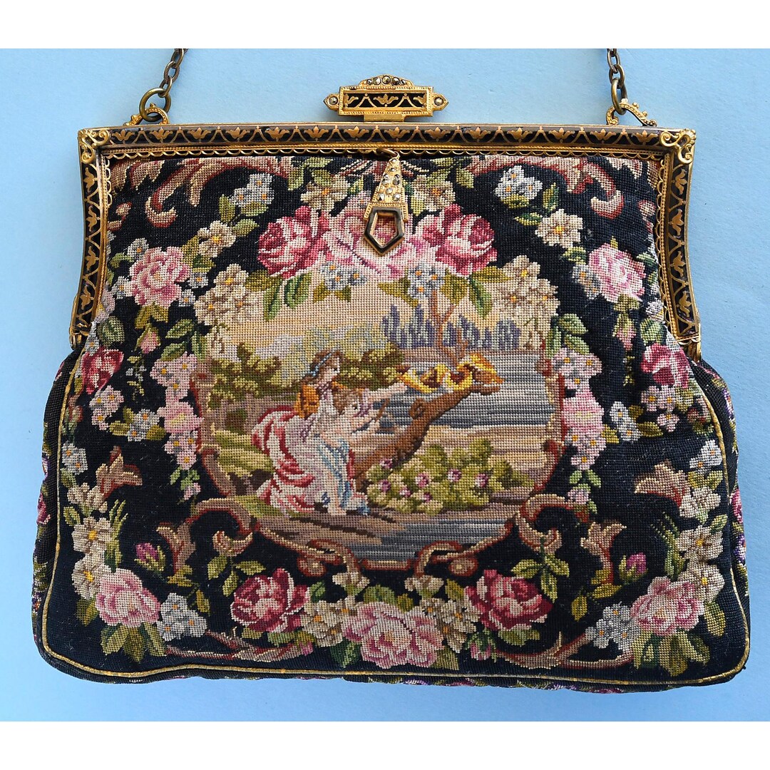 Vintage 1920's Micro Petite Point Purse, Figural Needlework, Enameled ...