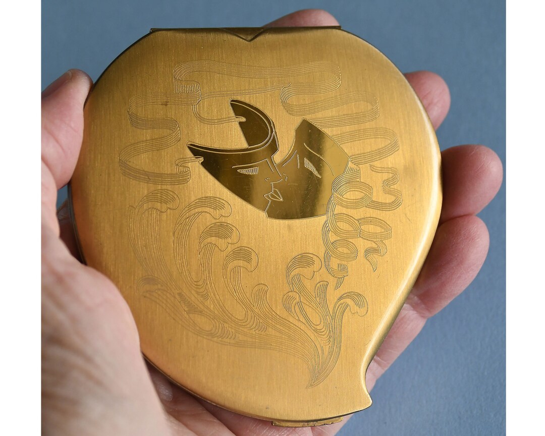 Shiny Gold HEART ELGIN Compact for SWEETHEART Gift, Theatrical Masks on ...