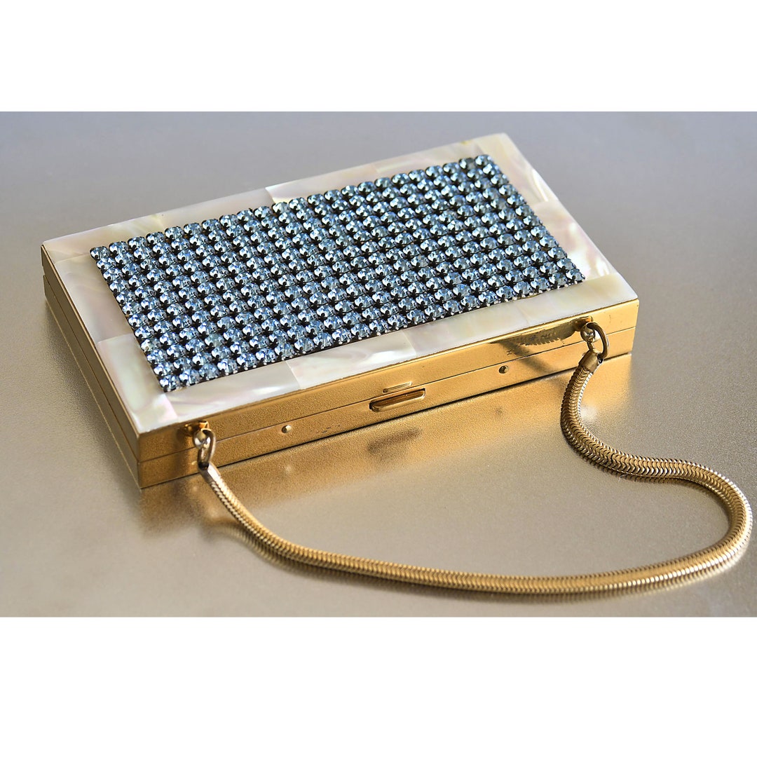 Vintage Mother of Pearl CARRYALL With Blue RHINESTONES, 1950's Vanity ...