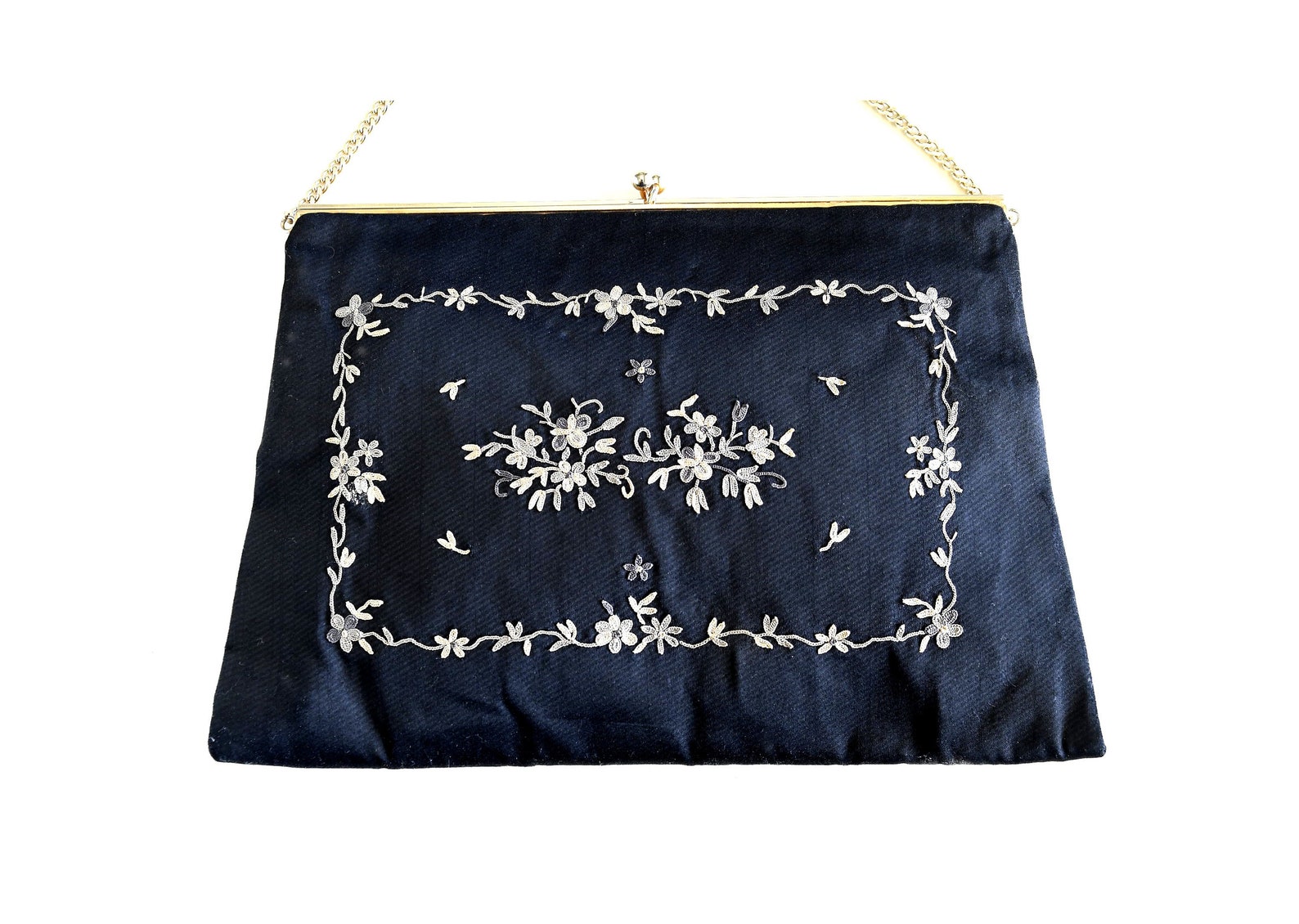 Large Vintage WALBORG Satin Purse, TAMBOUR EMBROIDERY on Black Silk ...