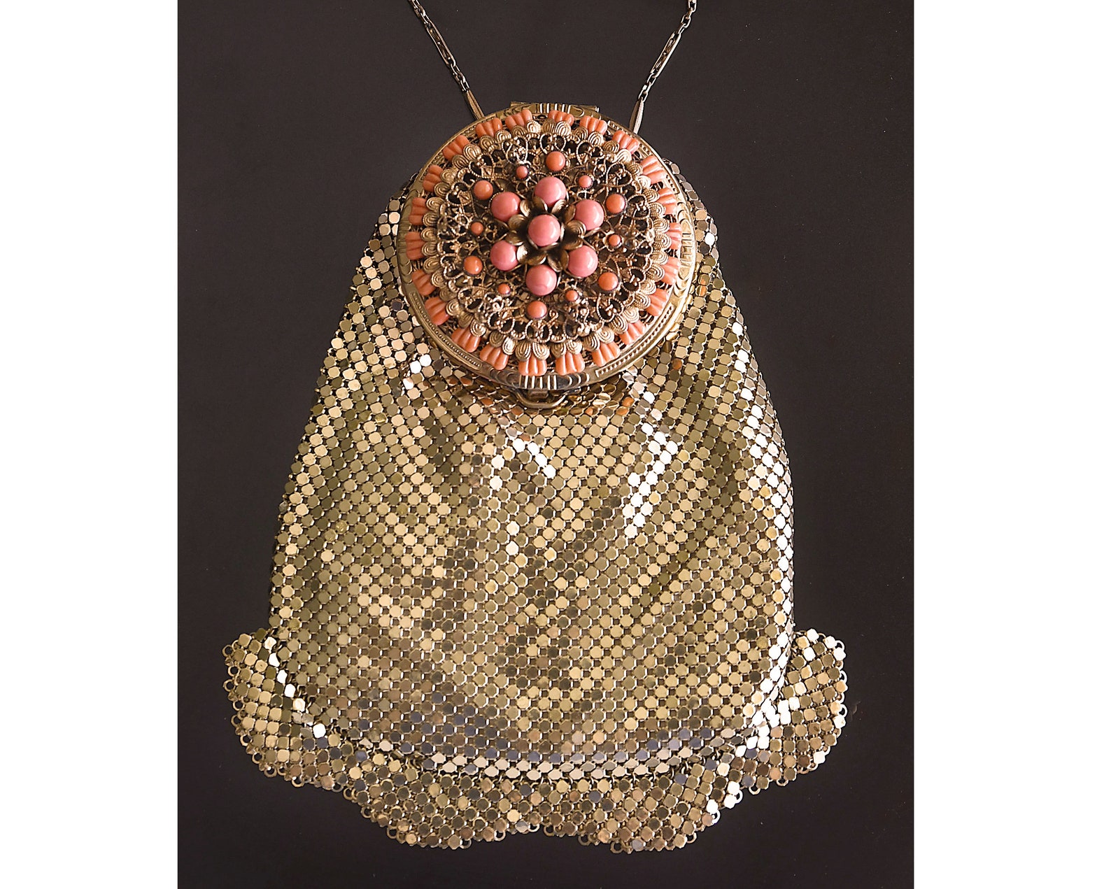 EVANS VANITY Purse, Vintage Gold Mesh Compact Purse With CORAL Stones ...