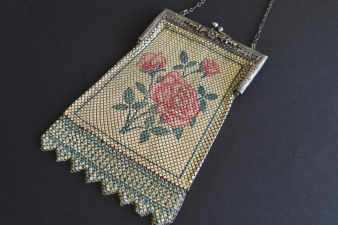 RARE LARGE Mandalian Mesh Purse, Silver Frame, FLOWERS on Mesh Purse ...