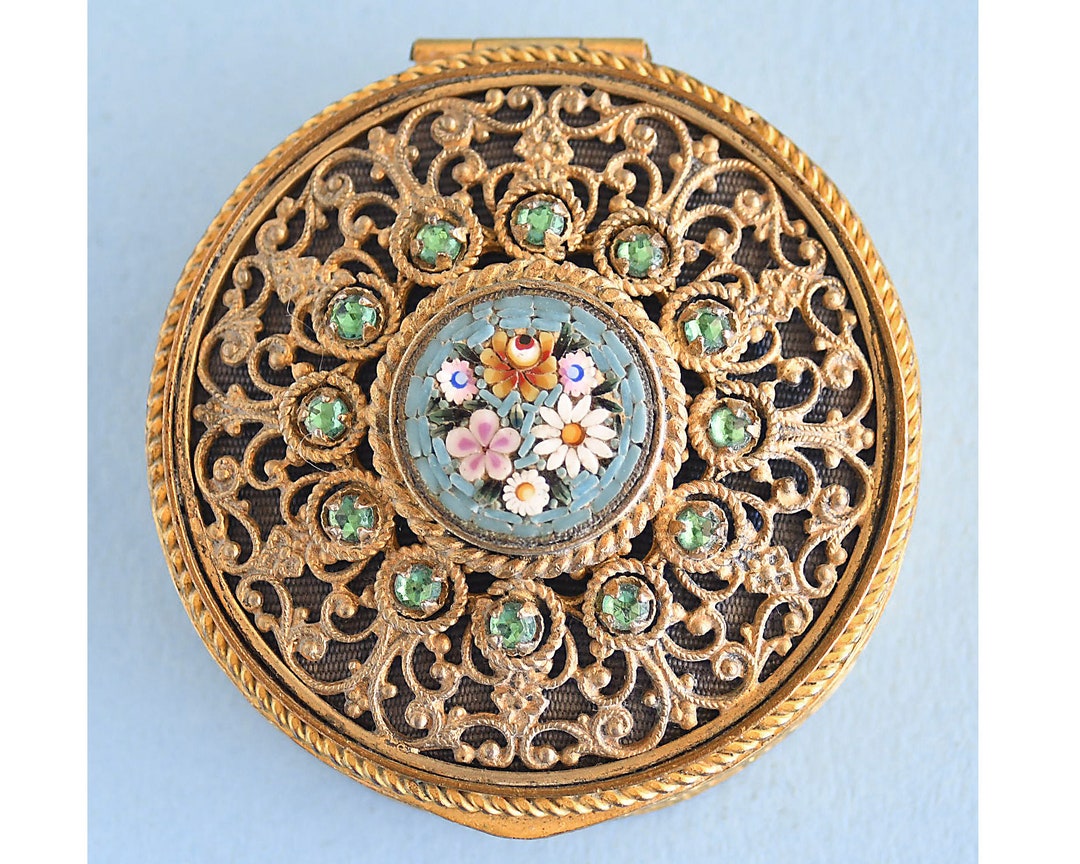 Vintage FRENCH FILIGREE and MILLEFIORI Powder Compact, Green ...