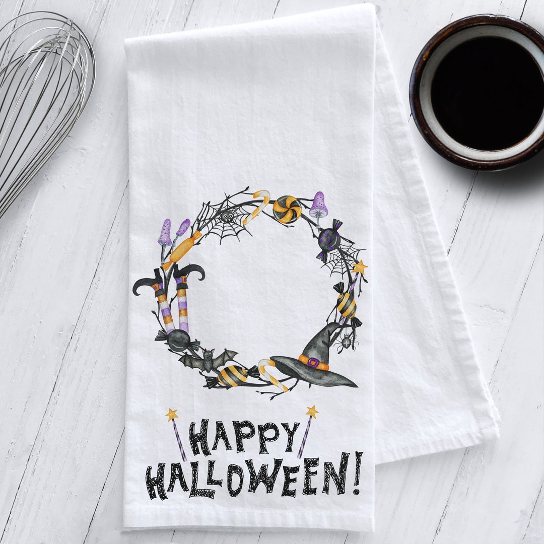 Happy Halloween Tea Towel, Halloween Tea Towel, Halloween Wreath Tea ...