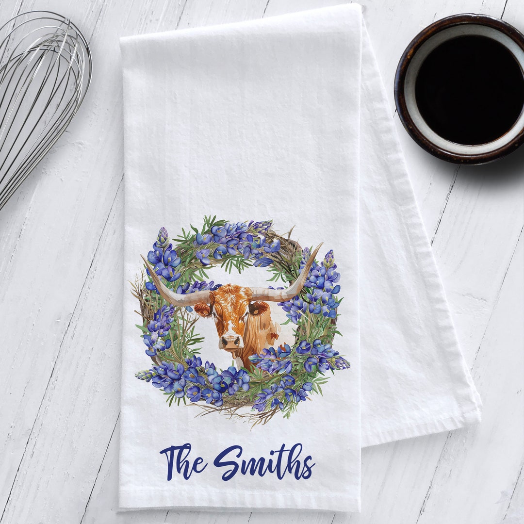 Personalized Bluebonnets With Texas Longhorn Tea Towel, Personalized ...