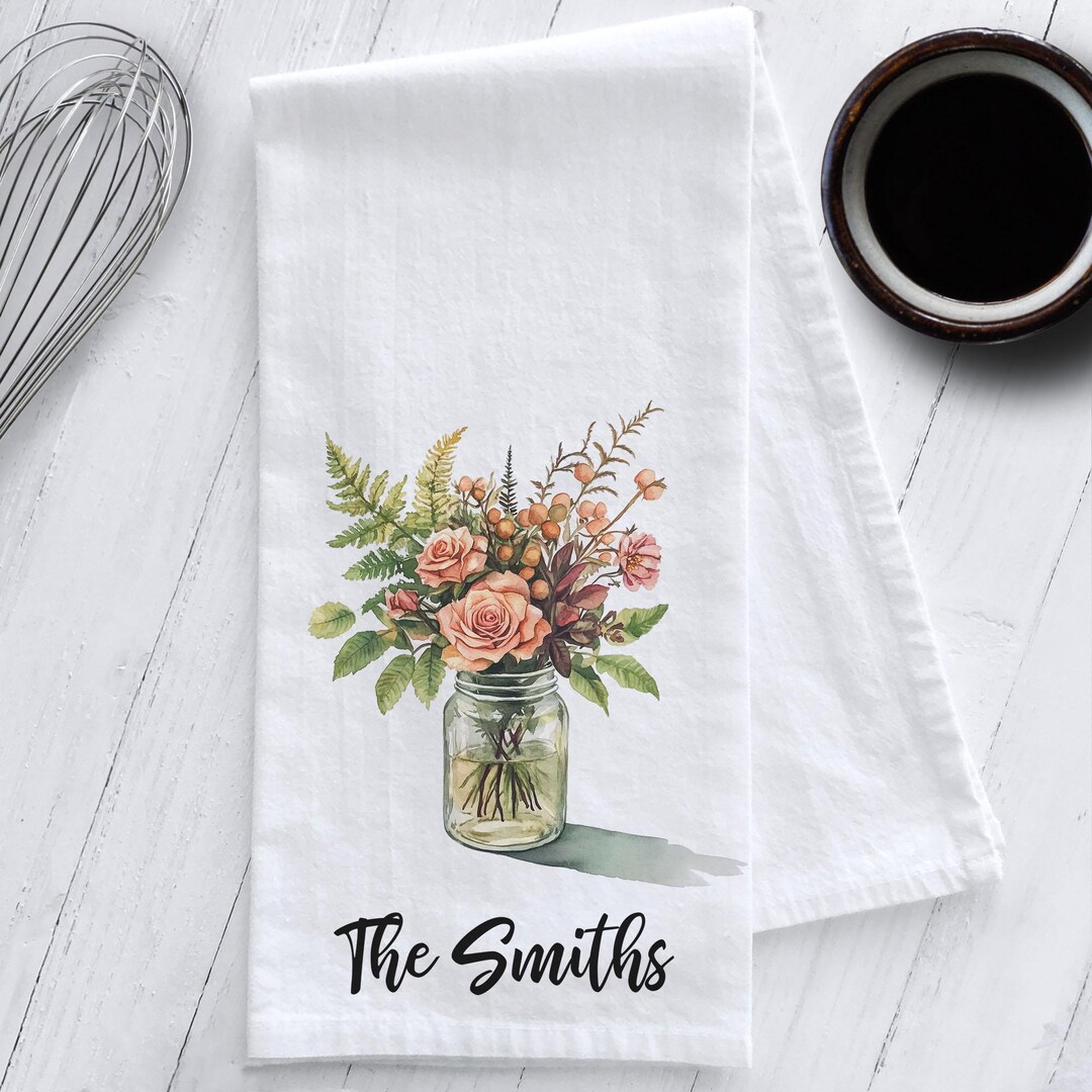 Personalized Floral Tea Towel, Floral Kitchen Tea Towel, Personalized ...