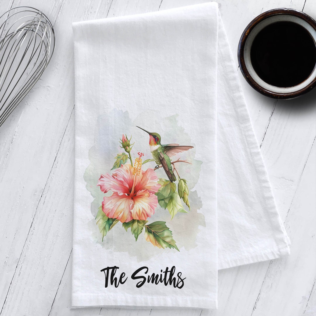 Personalized Hummingbird and Hibiscus Tea Towel, Hummingbird Kitchen ...