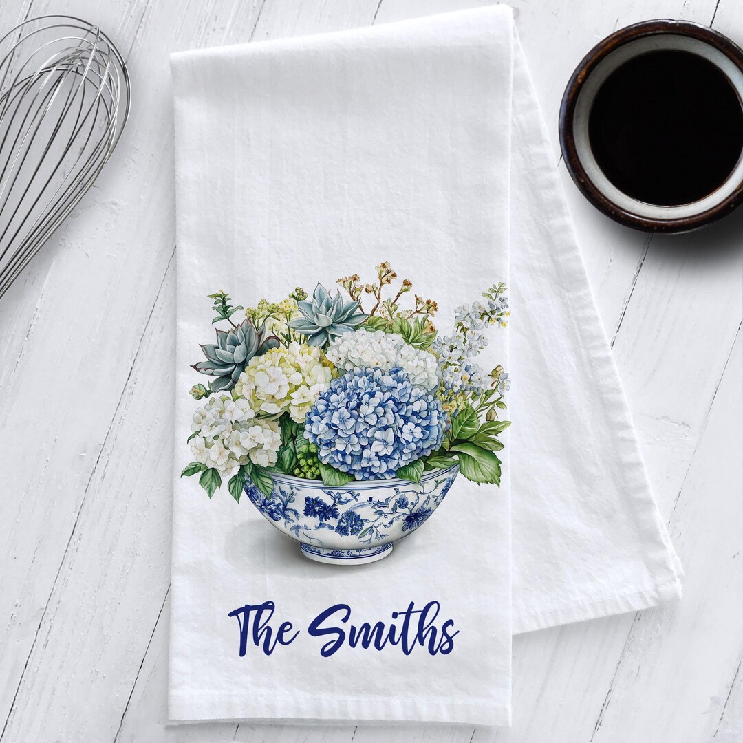 Personalized Hydrangeas in Blue and White Chinoiserie Bowl Tea Towel ...