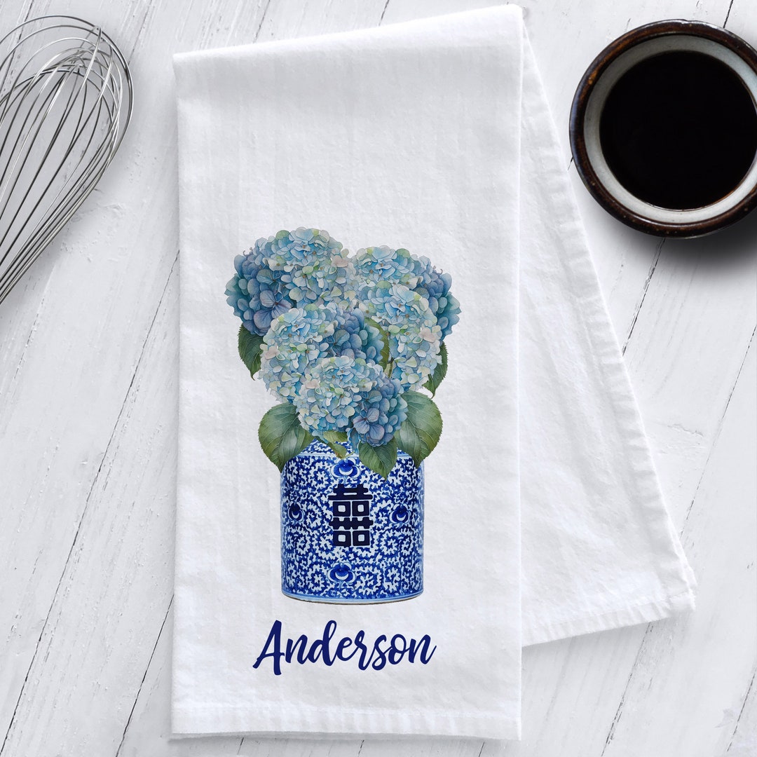 Personalized Hydrangeas in Blue and White Chinoiserie Vase Tea Towel ...