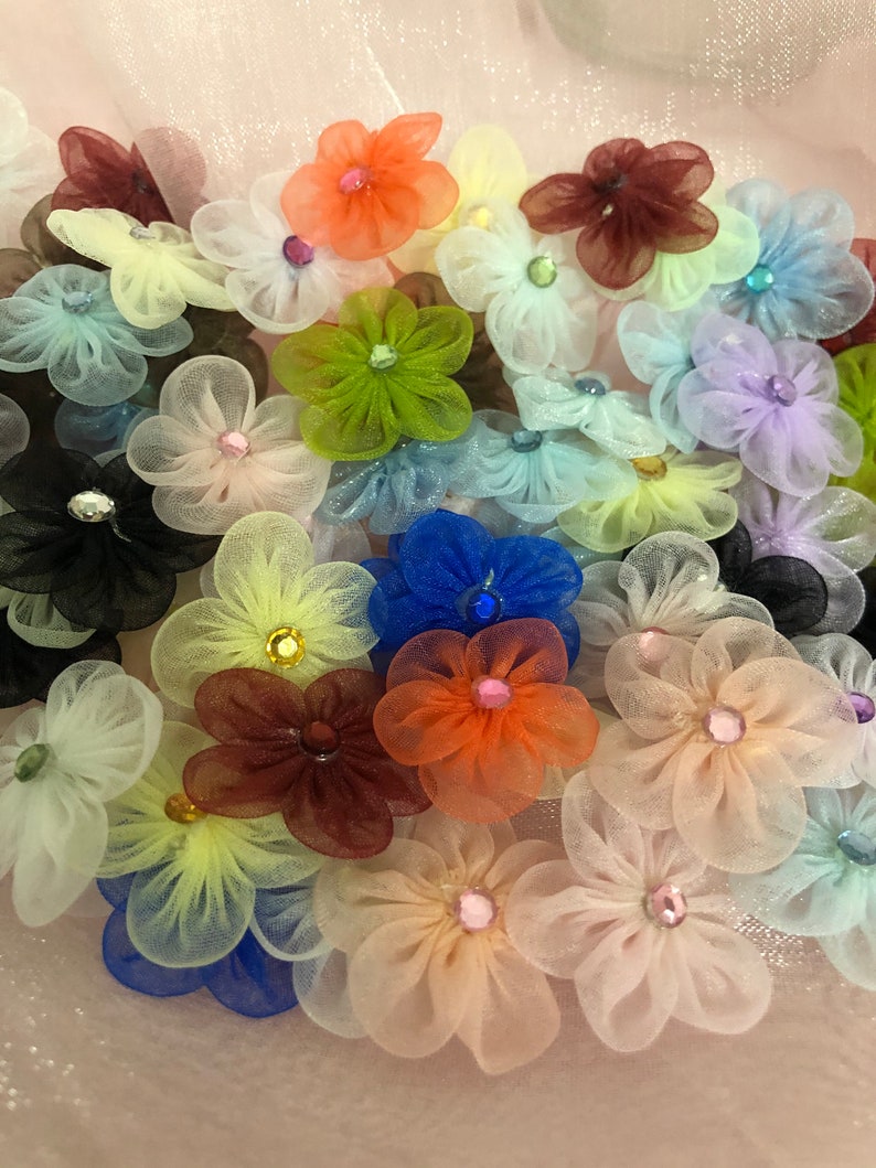 1" Organza Flower W/ Rhinestone Applique Sewing Craft 100 Mixed Colors ...