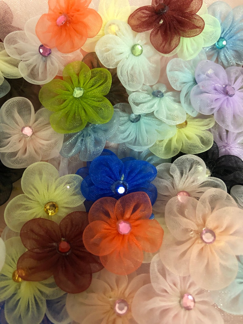 1" Organza Flower W/ Rhinestone Applique Sewing Craft 100 Mixed Colors ...