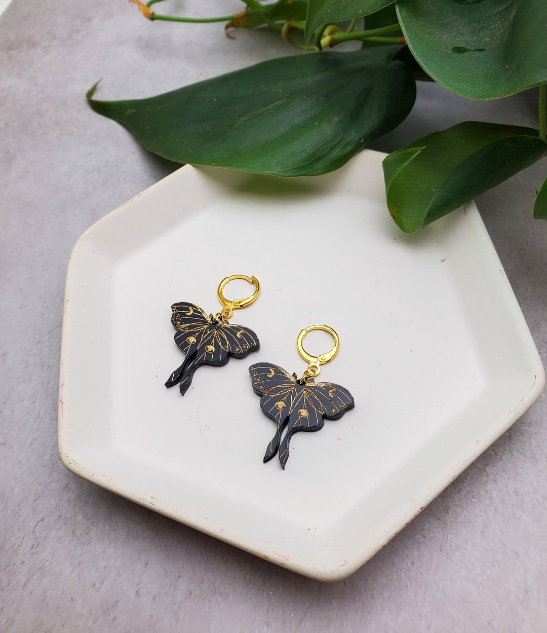Black and Gold Moth Earrings | Acrylic on 18k Plated Huggie Hoops - Etsy