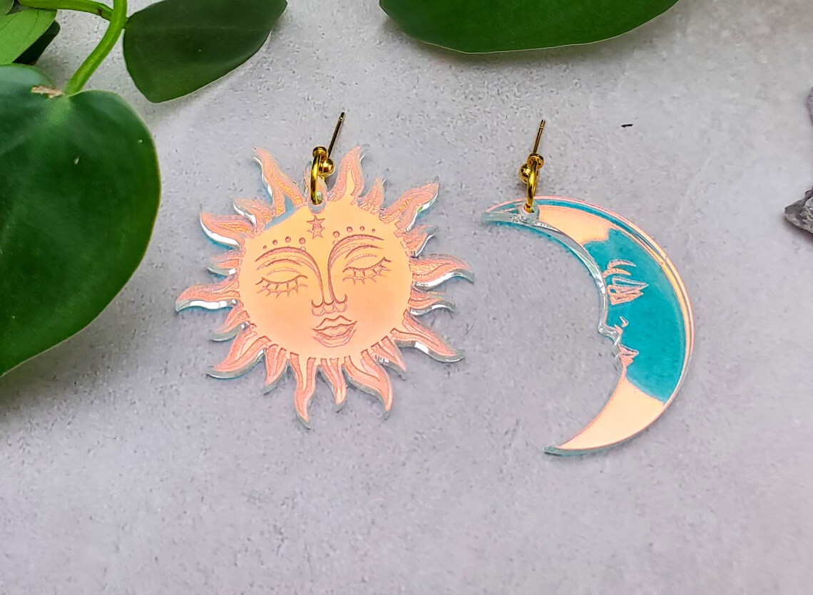 Iridescent Sun and Moon Earrings 90s Earrings Mismatched - Etsy