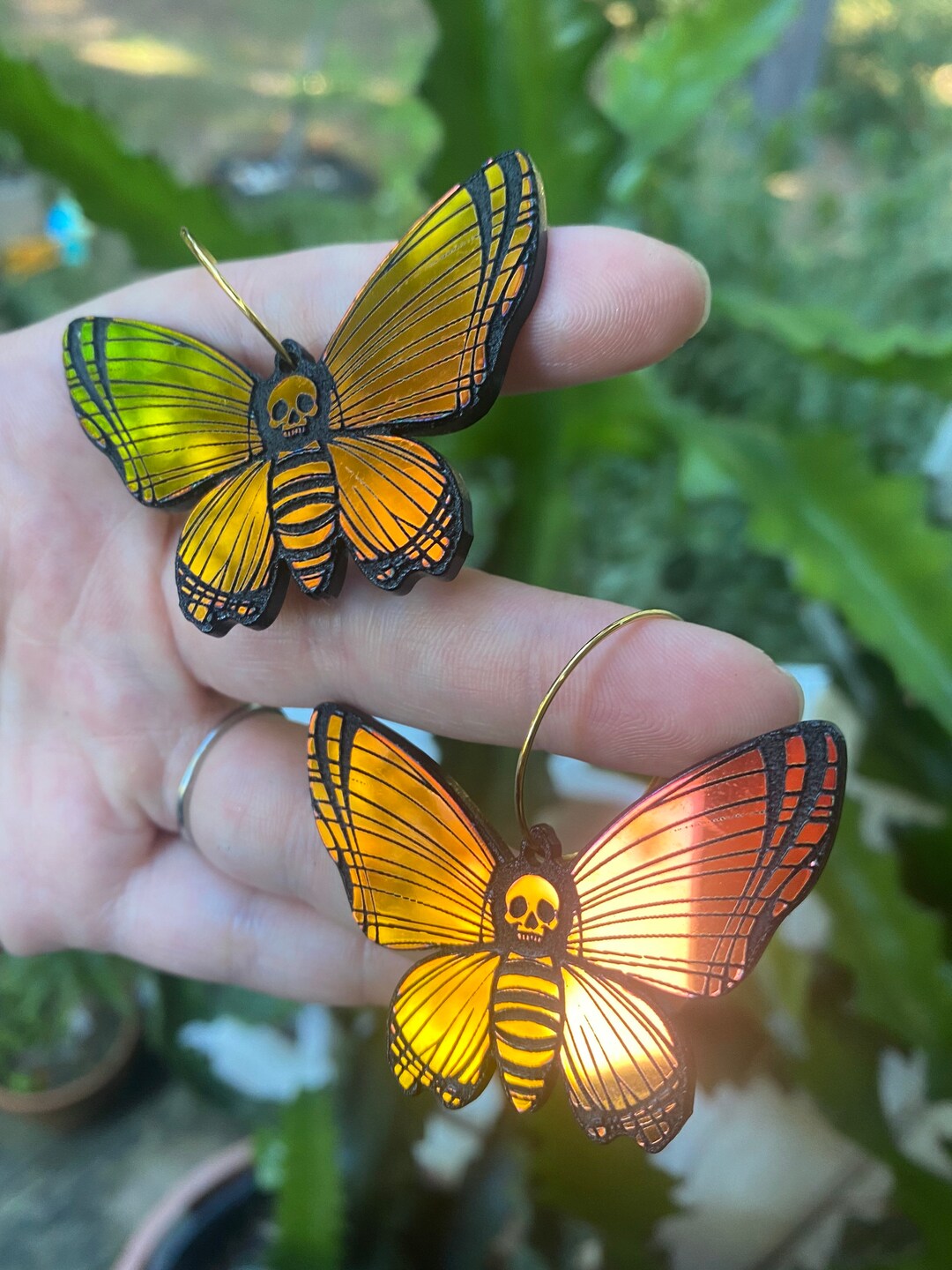 Death Head Moth Earrings | Color Changing Acrylic on 18k Gold Hoops ...