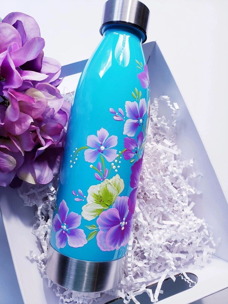 Painted Teal Water Bottle With Floral Design - Etsy