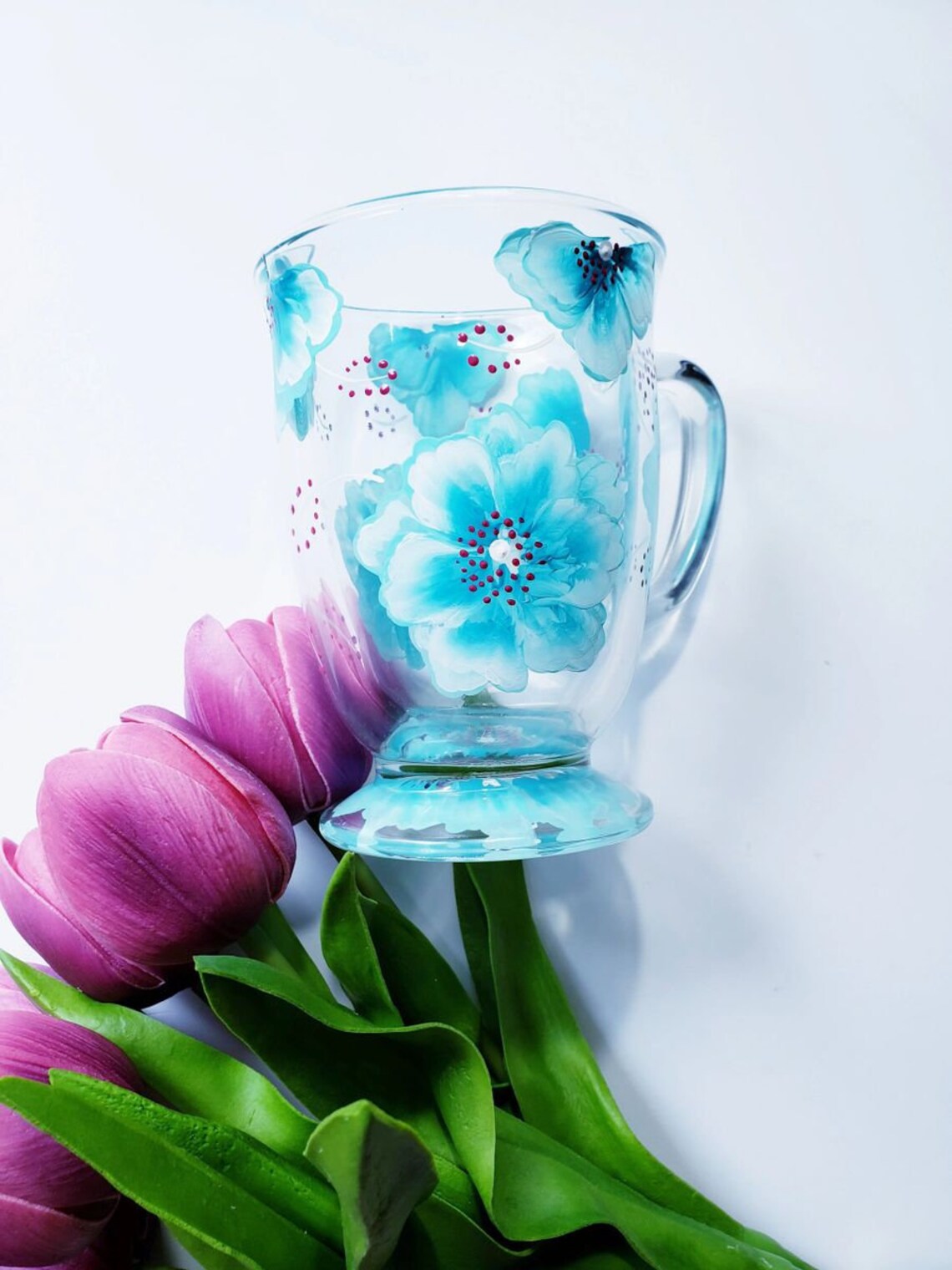 Blue Floral Designed Glass Mug - Etsy
