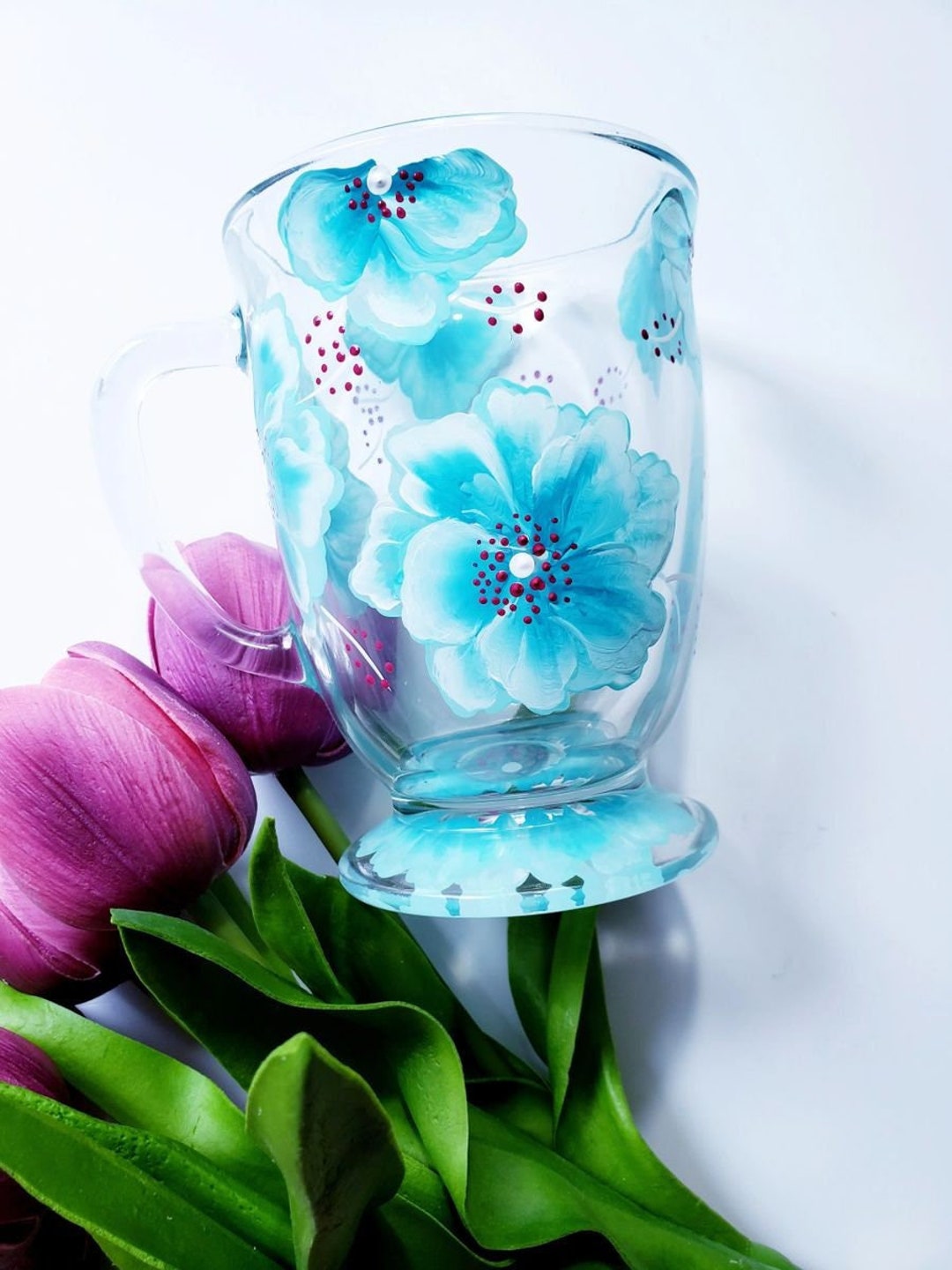 Blue Floral Designed Glass Mug - Etsy