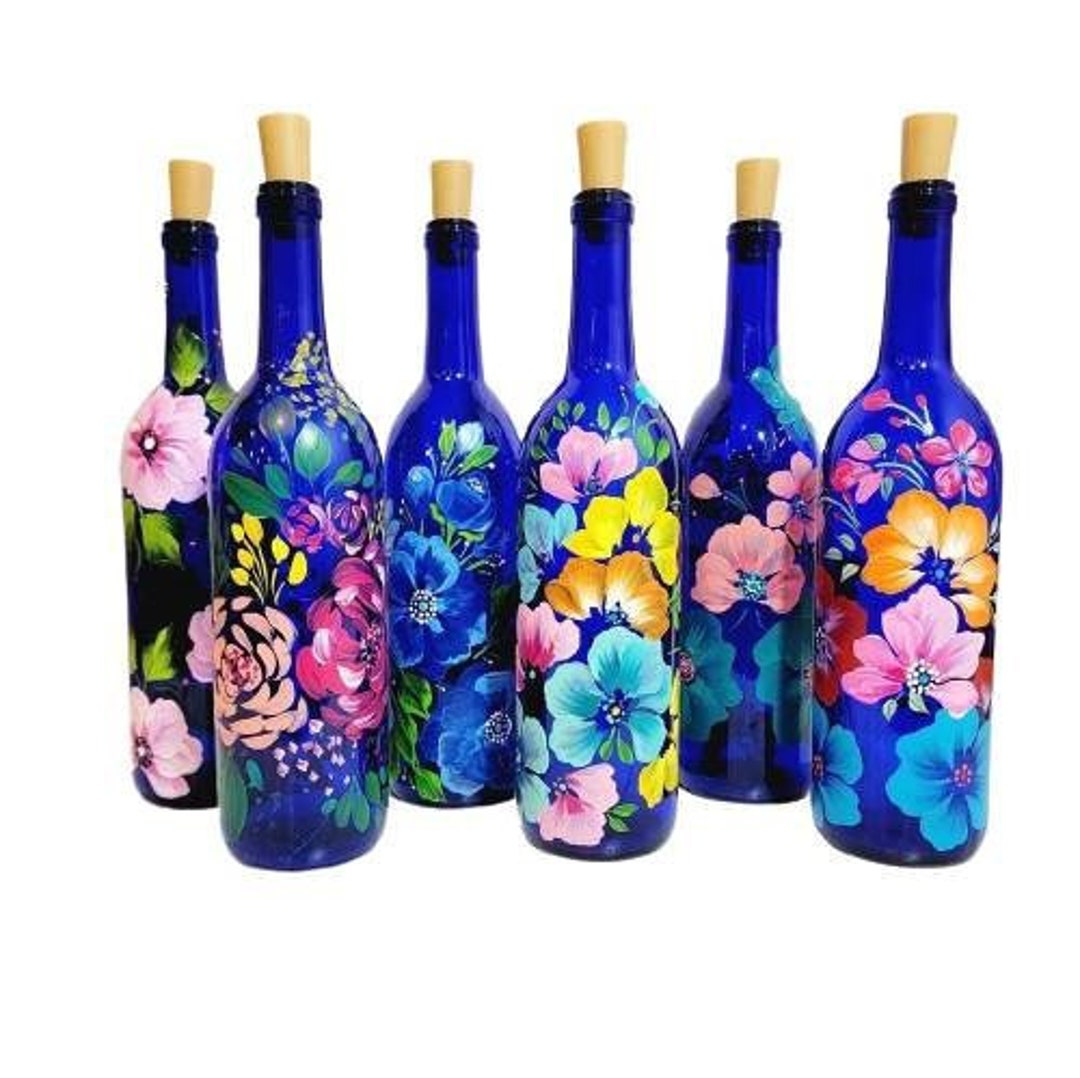 Handpainted Cobalt Blue Lighted Wine Bottle in Floral Pattern - Etsy
