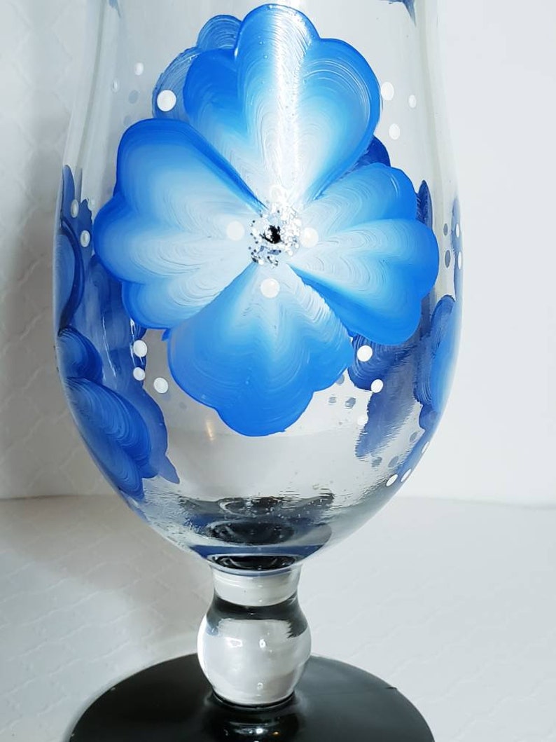 Pina Colada Glass With Blue And White Flowers With Black Etsy