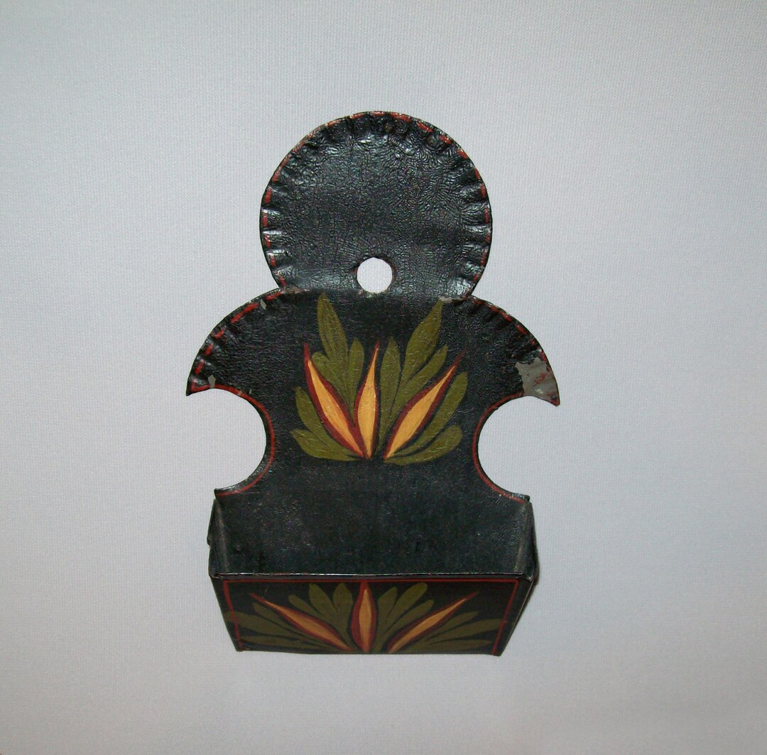 Old Antique Vtg 19th C 1800s Folk Art Painted Tin Toleware Matchsafe ...