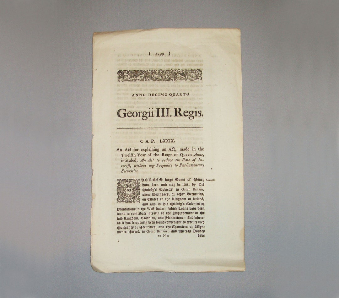 Antike Vtg 1799 Anno Decimo Quatro Georgii III Regis Act for Explaining ...