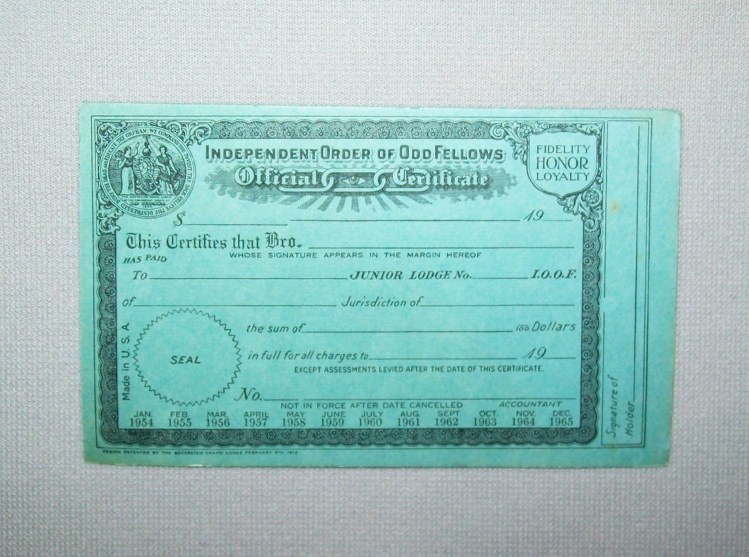 Old Original Vtg 1950s Unused Odd Fellows Junior Membership Dues Card ...