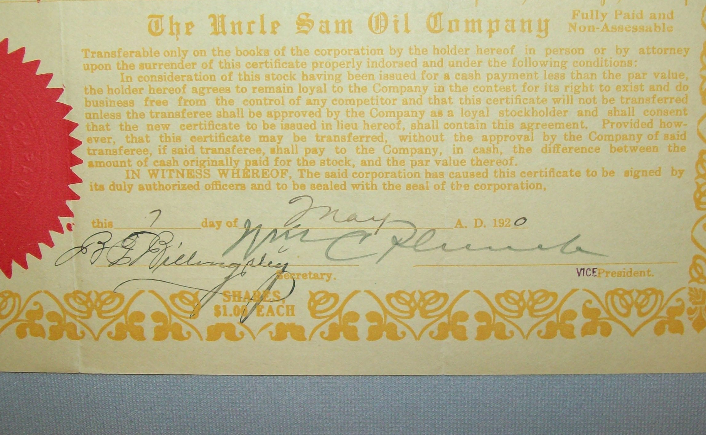 Old Antique Vtg Ca 1920s Uncle Sam Oil Co Stock Certificate 600 Shares ...