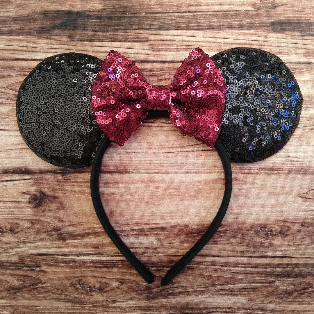 Disney Ears Headband for Adults With Burgundy Sequin Bow | Minnie Ears ...