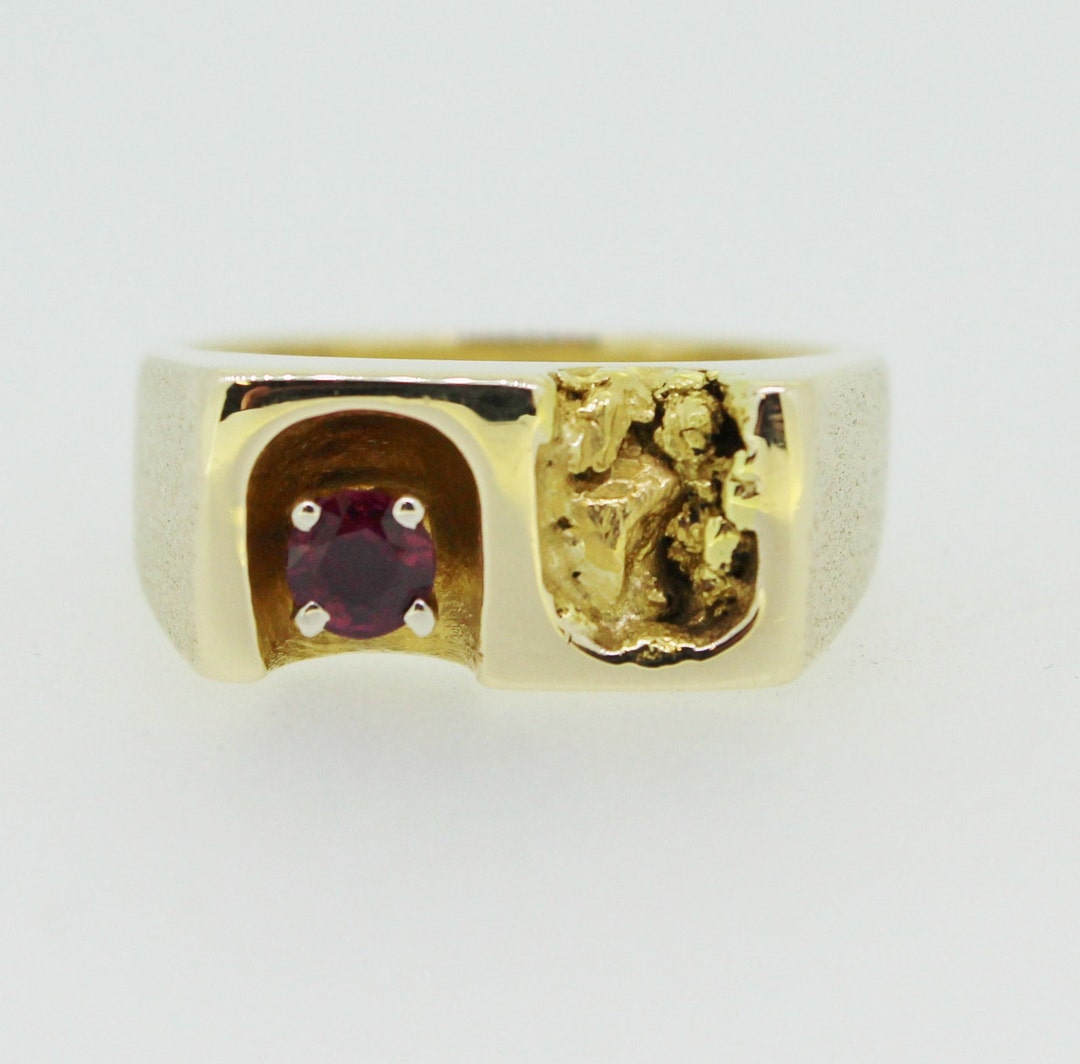 Men's 14K Yellow Gold Ruby & Nugget Ring - Etsy